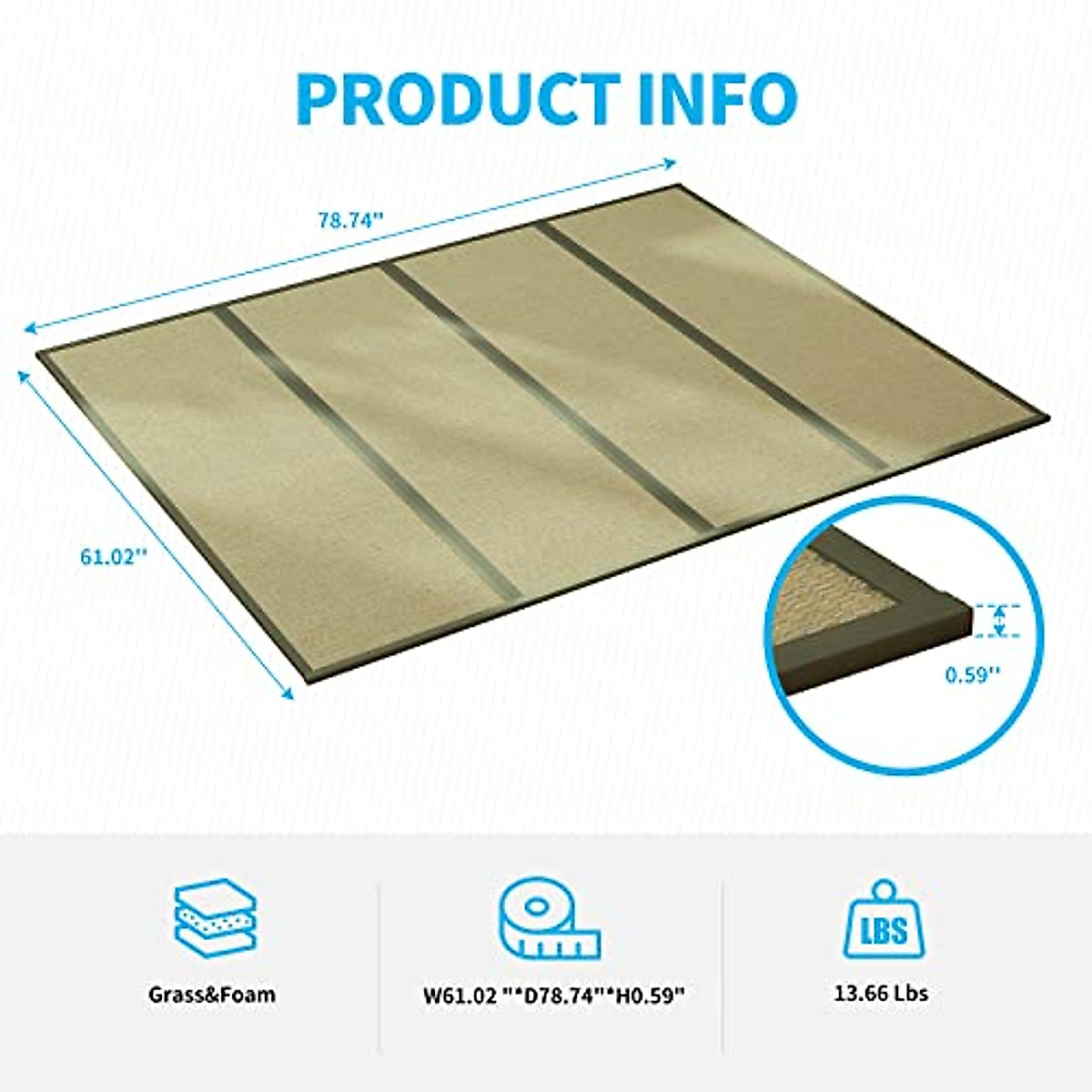 Mjkone Japanese Tatami Mattress, Igusa Mat (100% Japanese Rush Grass) Tatami Mat, Folding Japanese Floor Sleeping Mattress with Non-Slip Breathable Memory Foam for Sleeping/Yoga/Relaxing (Queen)