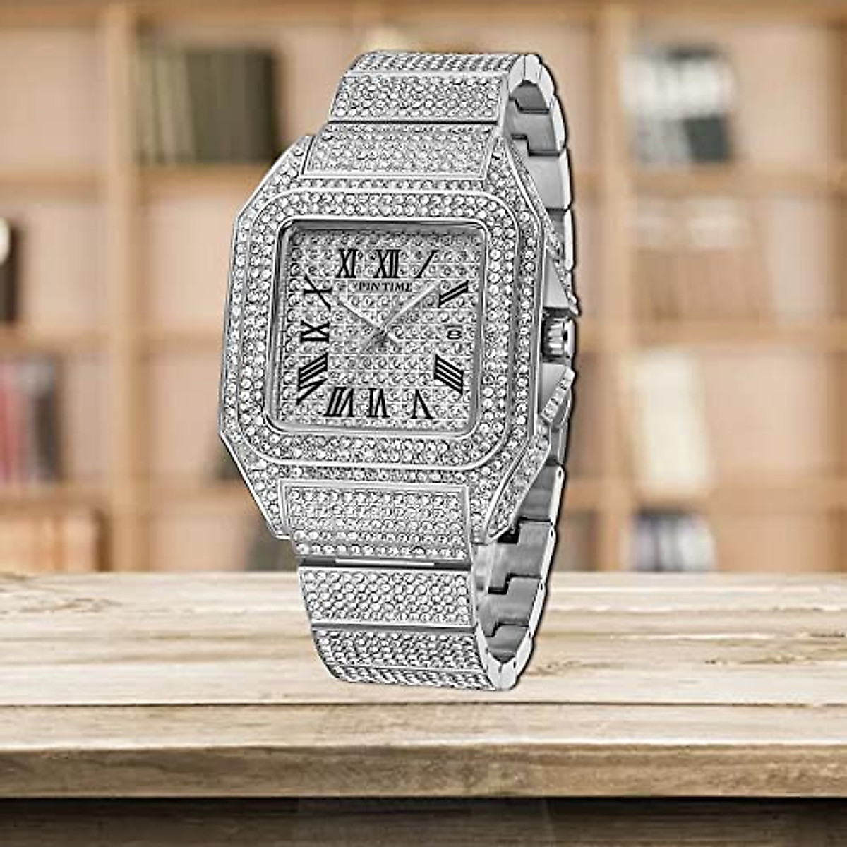 PINTIME Mens Full Iced Out 43mm Big Face Bling Luxury Crystal Square Watches Fashion Hip Hop Jewelry Watch for Men