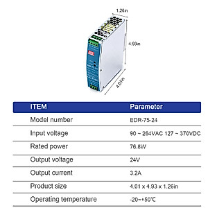 TorqCali EDR-75-24 75W 24V 3.2A Single Output Industrial DIN Rail Power Supply, Constant Current Limiting, Overload and Overvoltage Protection, -40°C to +70°C Operating Temperature