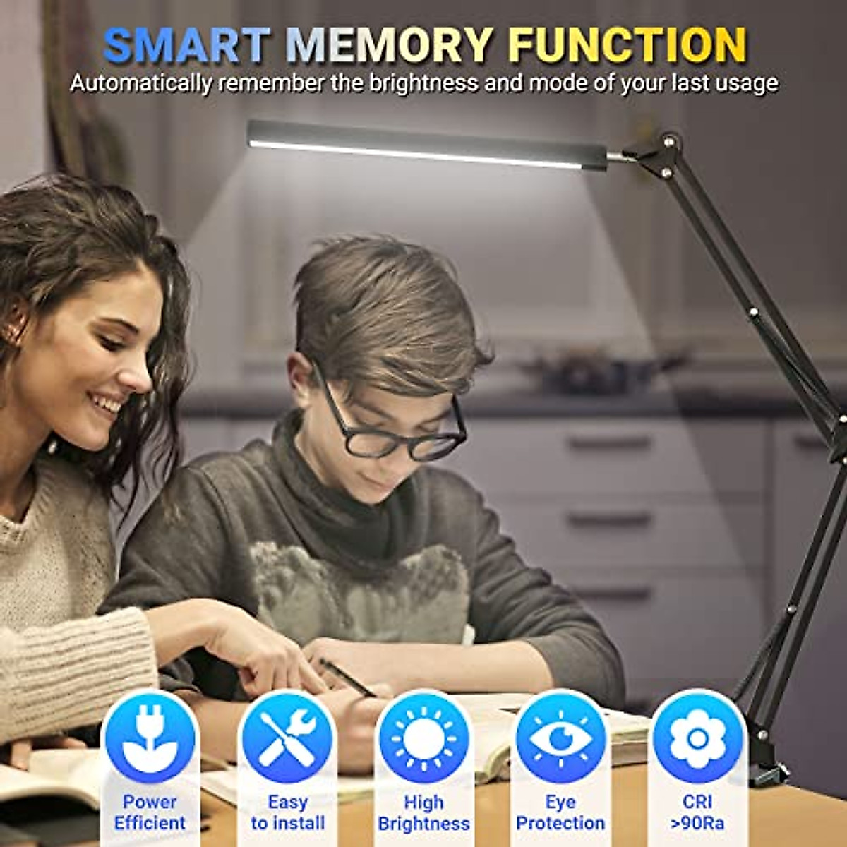 LED Desk Lamp with Clamp Swing Arm Desk lamp 360° Adjustable Eye-Caring Desk Light 3 Color Modes 10 Brightness Levels Memory Function Architect Table Desk Lamps for Home Office,Reading,12W Black