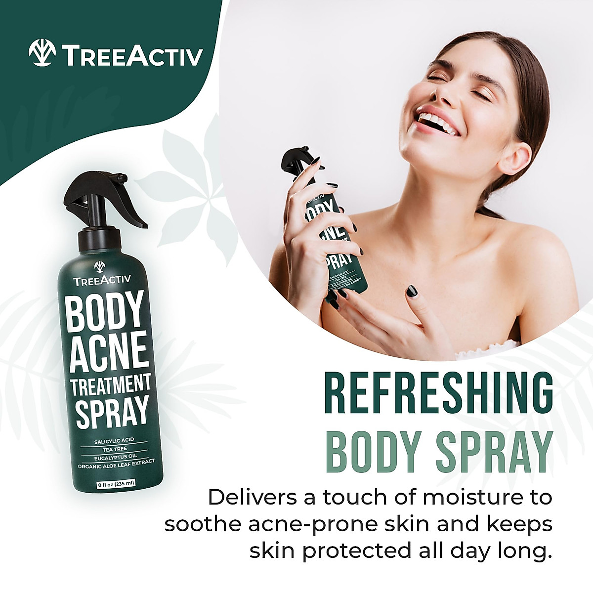 TreeActiv Body Acne Treatment Spray, 8 fl oz, 2% Salicylic Acid Spray for Body, Back Acne Treatment Spray with Tea Tree Oil and Aloe Vera, Gentle Back Acne Spray that Clears Body Acne, 2000+ Uses