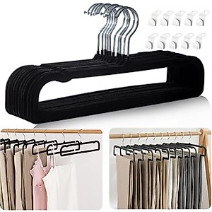Velvet Hangers Non Slip - 20 Pack Pants Hangers for Closet - Thin Space Saving Clothes Hanger - Strong, Durable, Jean Hangers with 360 Degree Rotatable Hook, Tank Top Hangers (Black Silver Hook)