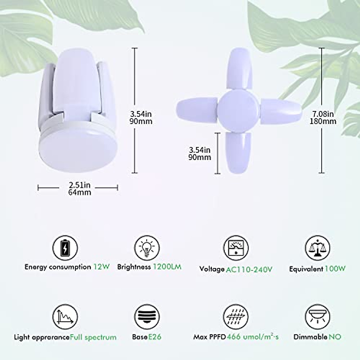 3 PK deformable Grow Light Bulb Full Spectrum Plant Light Bulbs E26 Base 12W Professional for Seedling Growing Blooming Fruiting (Natural Light)