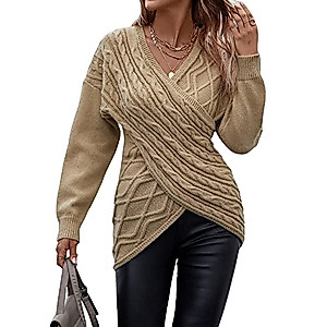 WDIRARA Women's Wrap V Neck Criss Cross Long Sleeve Asymmetrical Sweater Cable Knit Tops Solid Apricot L