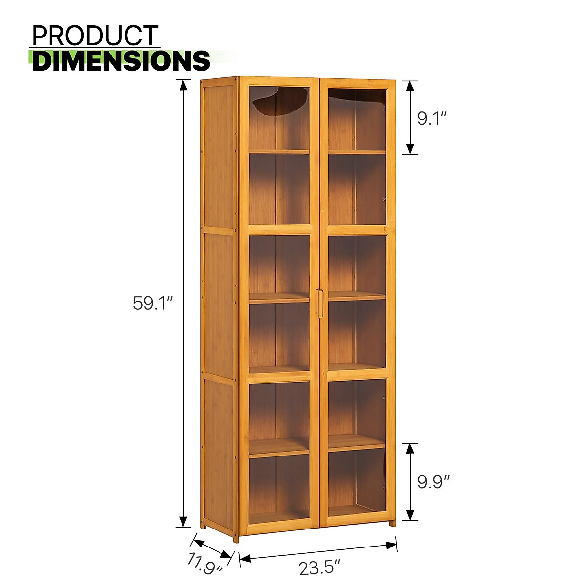 Magshion Bamboo 6-Tier Shelf Living Room Storage Tall Bookcase Cabinet with Clear Doors, Brown 23.5" L x 11.9" W x 59.1" H Home Office Multipurpose Tower Media Organizer Bookshelf