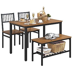 Teraves Dining Table Set for 4/Computer Desk,Kitchen Table with 2 Chairs and a Bench,Table and Chairs Dining Room Set 4 Piece Set for Dining Room (Teak, 110CM)/ 43.31"