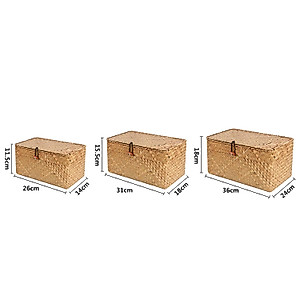 FEILANDUO Wicker Shelf Baskets with Lids, Seagrass Storage Baskets Bins Rectangular Woven Baskets Boxes for Organizing Home Decor Set of 3