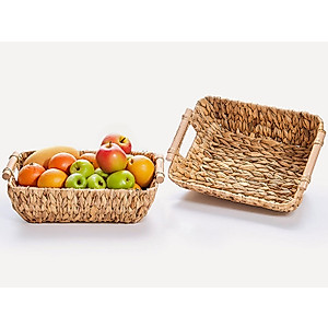 Storage Basket Hand-Woven Large Storage Baskets with Wooden Handles, Water Hyacinth Wicker Baskets for Organizing, 2-Pack