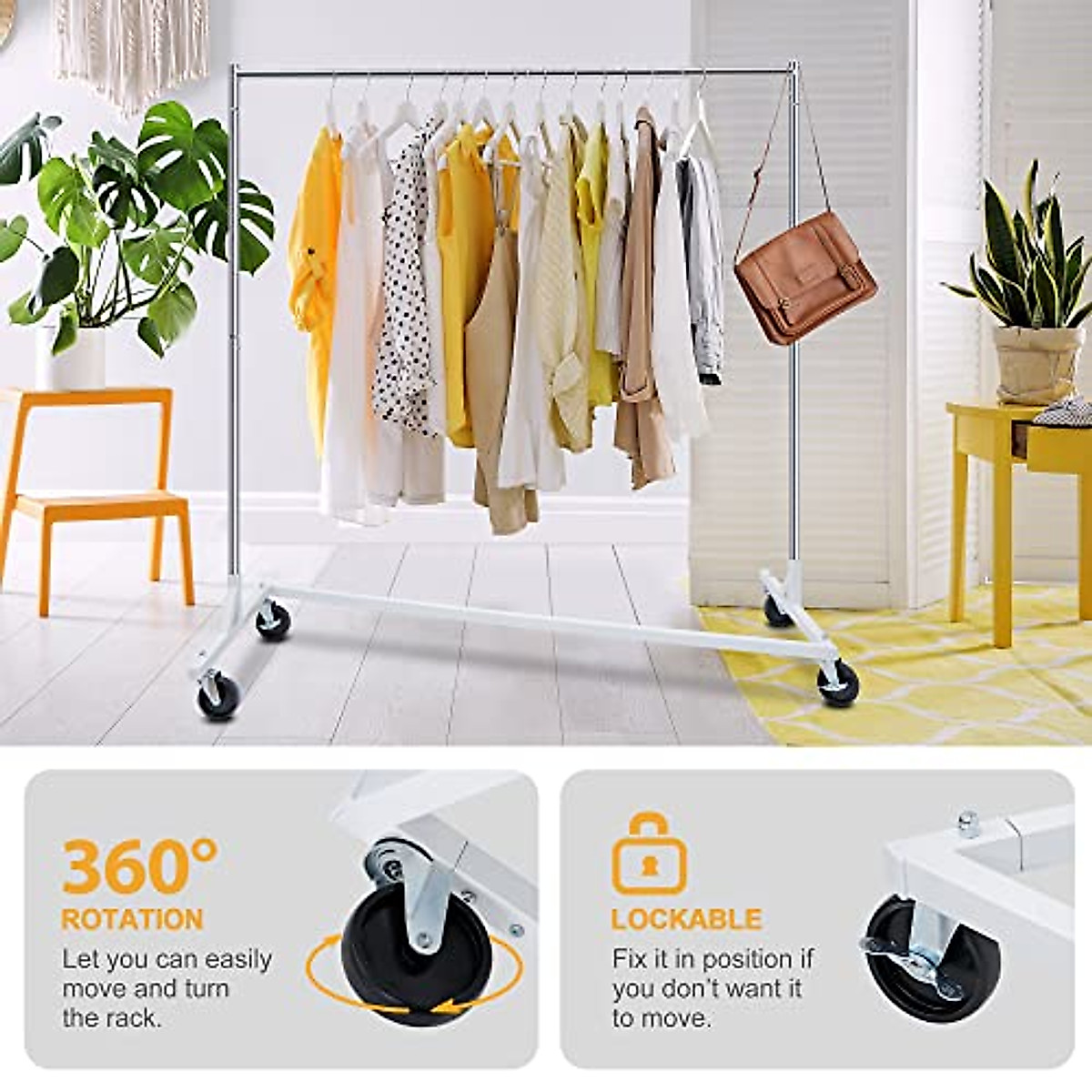 SUPER DEAL Heavy Duty Clothes Rack Z Base Commercial Grade Garment Rack on Wheels Rolling Clothes Hanging Organizer, All Steel Frame 220lbs Capacity, Silver/White