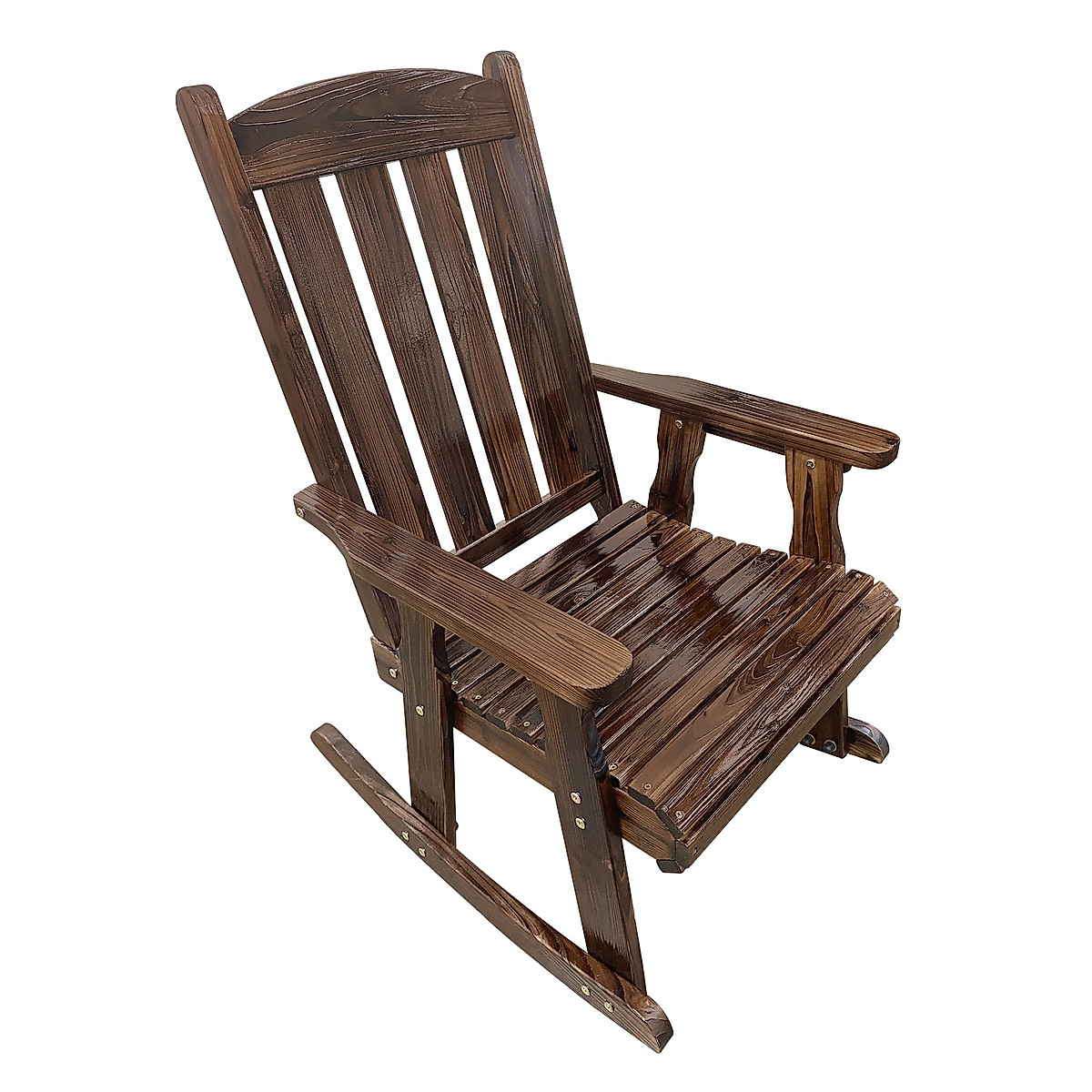 Wooden Rocking Chair with Comfortable Backrest Inclination, High Backrest and Deep Contoured Seat, Solid Fir Wood, Heavy Duty 600 LBS, for Both Outdoor and Indoor, Porch and Patio (Deep Brown)