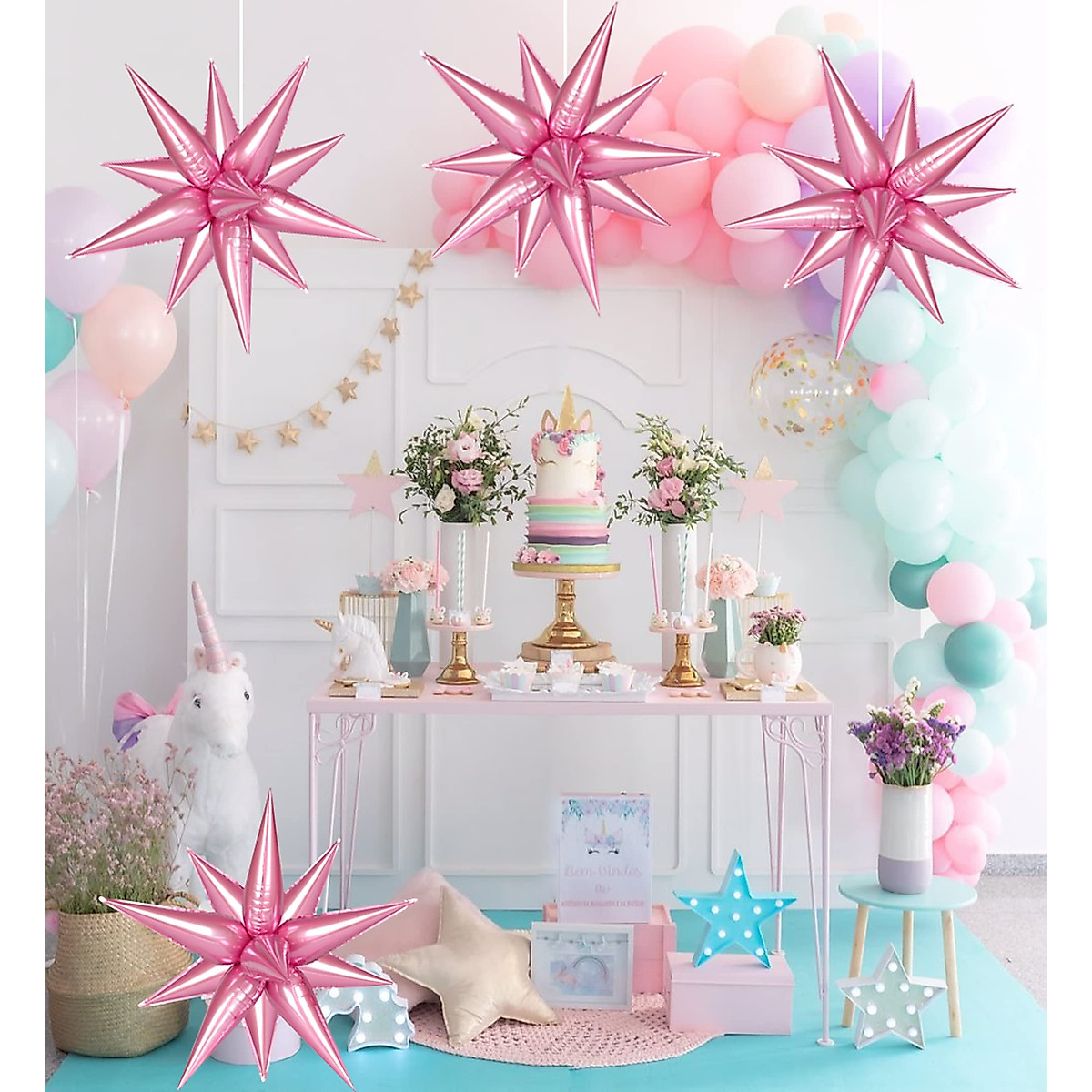 50pcs Pink Star Balloons Mylar, Pink Spike Explosion Star Foil Balloons Metallic, Pink Starburst Cone Point Star Balloons for Bachelorette, Baby Shower, Valentines Day, Birthaday, Wedding Decorations