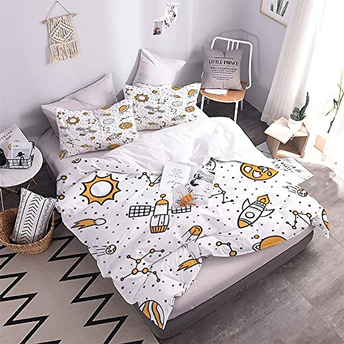 Quilt Cover Full Size Rocket, Astronaut 3D Bedding Sets Cartoon Space Duvet Cover Breathable Hypoallergenic Stain Wrinkle Resistant Microfiber with Zipper Closure,beding Set with 2 Pillowcase