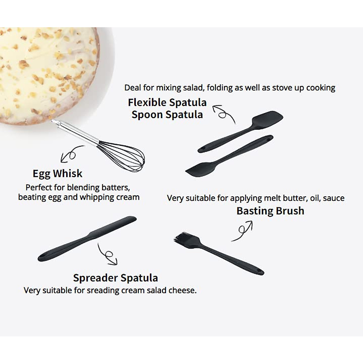 DMFC Kitchen Utensils Set 15 Pieces Kitchenware Supplies Set Silicone Stainless Steel Handle Cooking Nonstick Pot High Temperature Resistant Spatula Spoon Kitchenware. (Black)