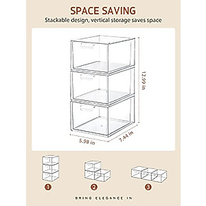 Syntus 3 Piece Set Stackable Makeup Organizer Drawers, 4.4'' Tall Bathroom Storage Drawer, Large Capacity Plastic Cosmetics Storage Box for Vanity, Kitchen Cabinets, Pantry Organization