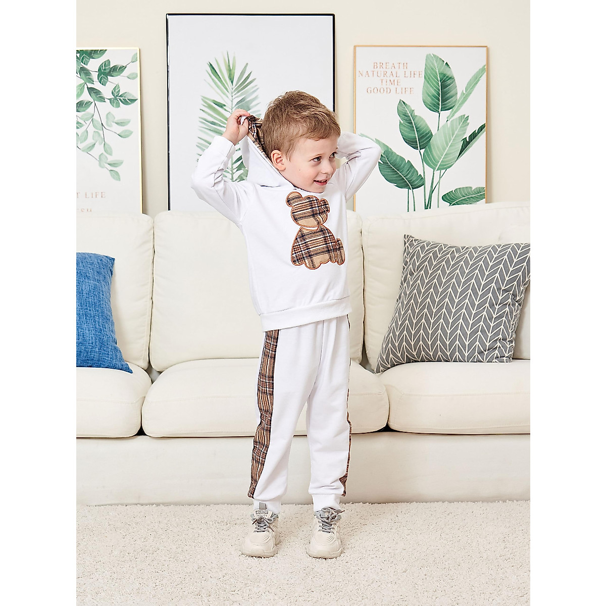 Yoxindax Toddler Baby Boy Clothes Outfits Plaid Bear Long Sleeve Hoodie Sweatshirt Patchwork Pants Fall Winter Clothes for Boys(4-5t)