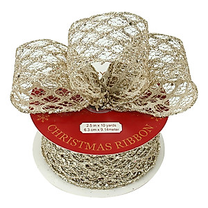HUIHUANG Champagne Wired Ribbon 2-1/2", Glitter Diamond Wire Edge Ribbon Champagne Gold Christmas Ribbon for Holiday Tree, Bows Making, Wreath Supplies, Garland, Home Decor, Crafts -10 Yards