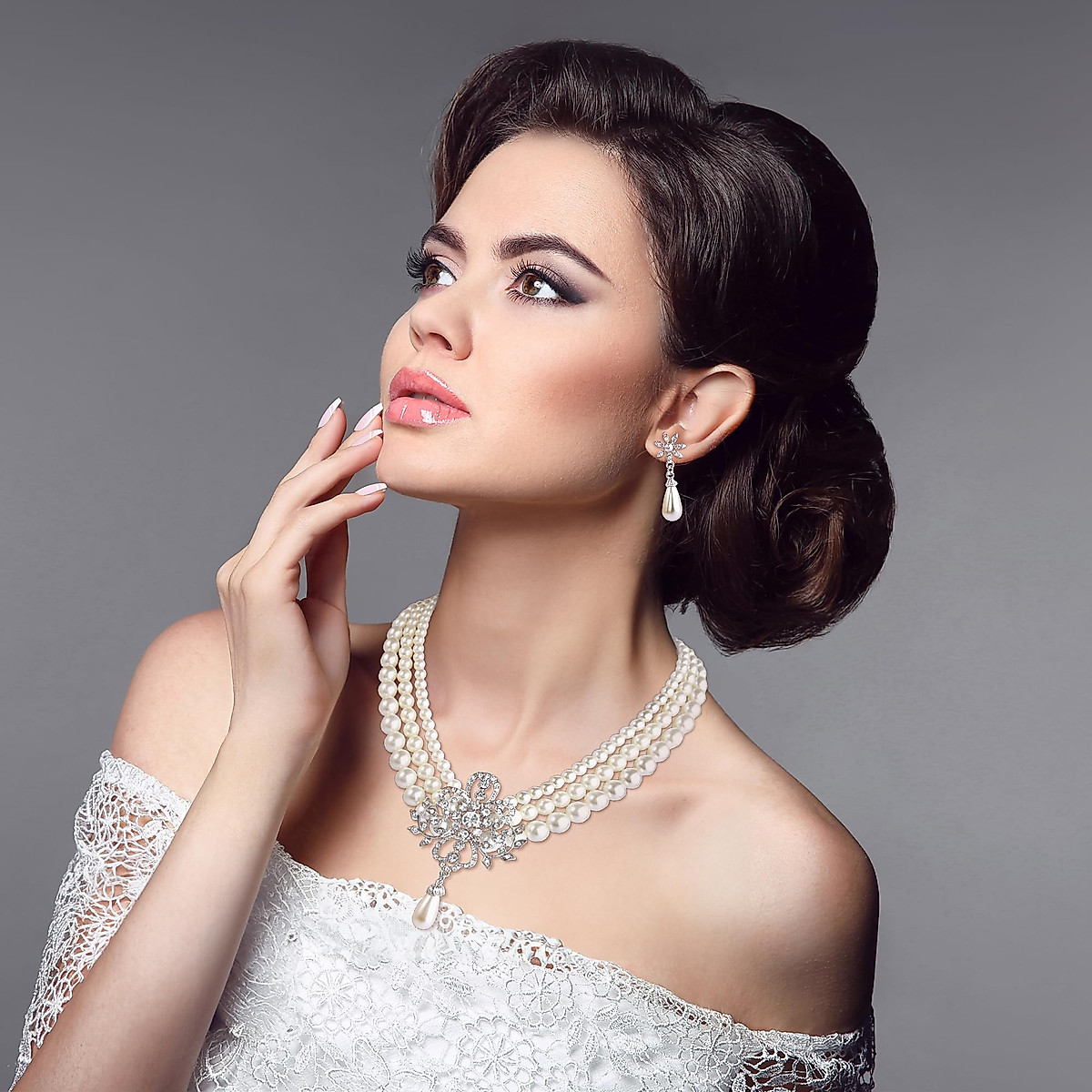 EleQueen Women's Silver-Tone Ivory Simulated Pearl Crystal Victorian Style Statement Necklace Earrings Bridal Wedding Sets