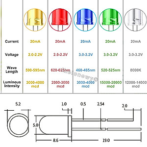 lkelyonewy 5mm Flickering led Lights for Models Mini LED Lamps Flicker Micro Lights Emitting Diode Assortment Kit Red, Yellow, Green, Blue, White(40 of Each Colour 200 Pieces in Total)