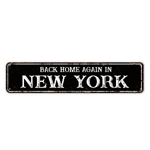 Customized Country Metal Plaque Back Home Again in New York Signs Our First Christmas in City/State Metal Signs Outdoor for Office Yard Room Home Décor 4x18in