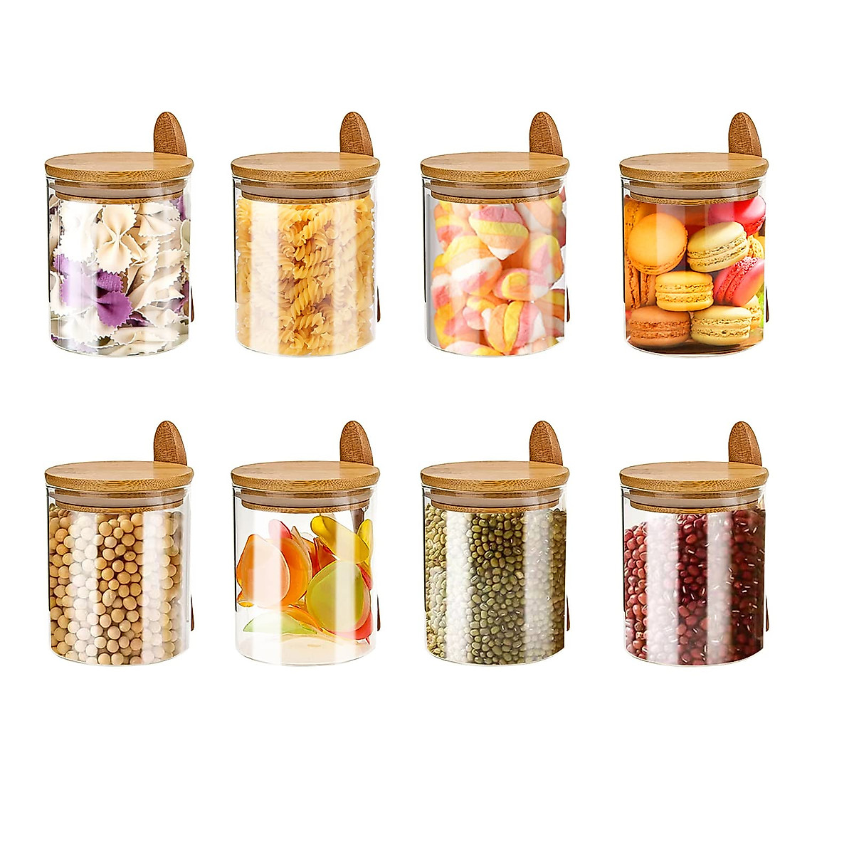 NEPIVEL 8 Pack Glass Jar with Bamboo Lids, 8Oz Glass Containers with Airtight Bamboo Lid and Spoons,100% Sealed Glass Spice Jars for Candy Coffee Beans Sugar Nuts Cookies, 240ml