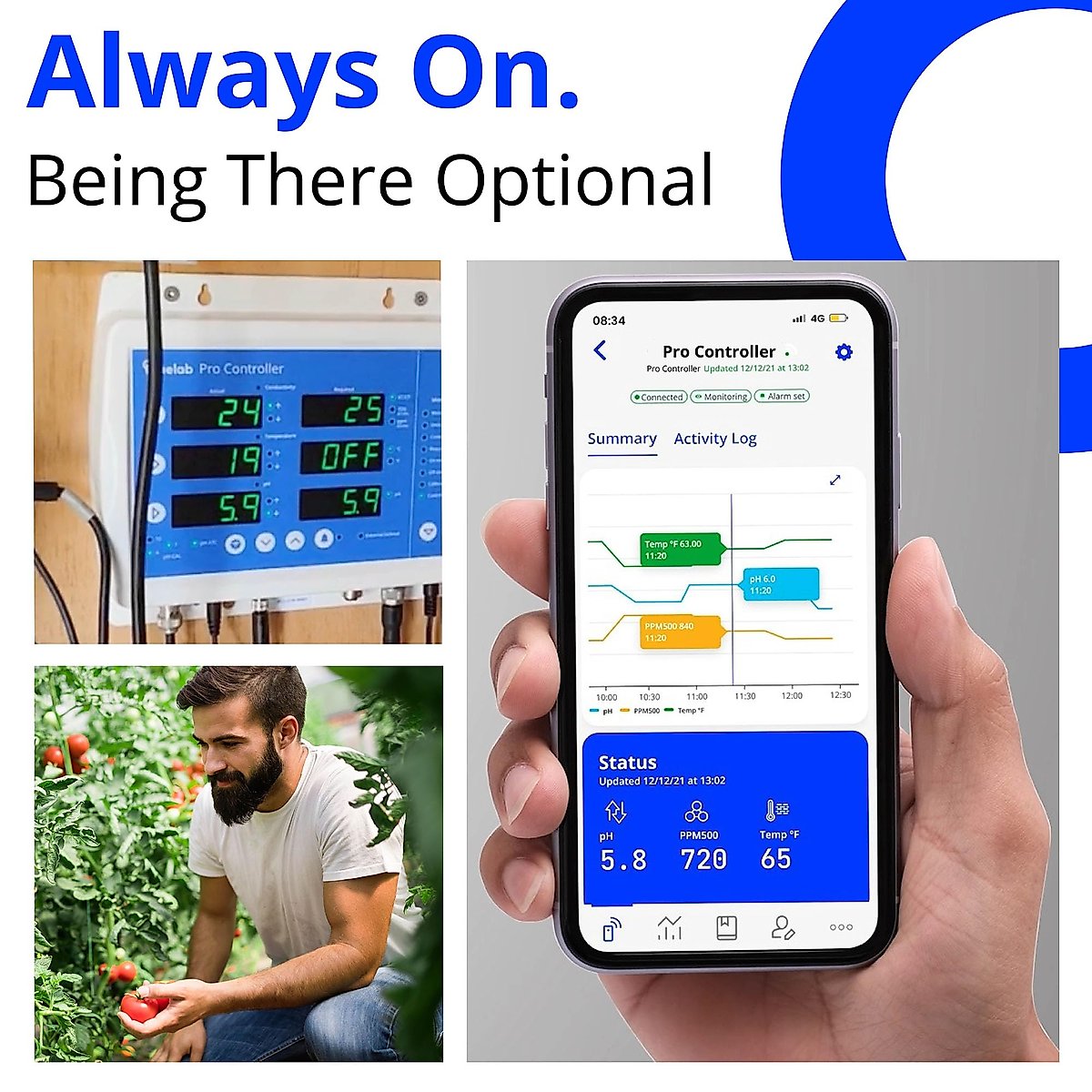 Bluelab Pro Controller Wi-Fi Fully Automated 24/7 Digital Monitor for Hydroponics Multi-Nutrient & pH Dosing with EC Temperature Probe and Edenic Remote Monitoring Essential for Agriculture