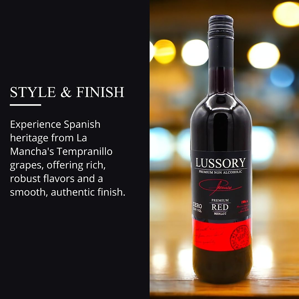 Lussory Premium Merlot Alcohol Removed 0.0% Dealcoholized Red Non Alcoholic Wine From Spain, Low Calories, Low Sugar, Halal Certified (750ml, 1 Bottle)