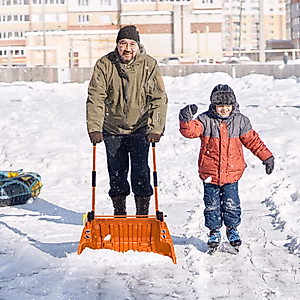 GYMAX 26” Poly Sleigh Shovel, Rolling Snow Pusher Scoop Extra Large Capacity, Adjustable Angle & Easy Setup, with Ergonomic Handle & Wheels for Driveway, Sidewalk, Patio (Orange)