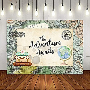 Mocsicka Adventure Awaits Backdrop You'll Go Baby Shower Photo Backdrops World Map Photography Background Vinyl Adventure Begins Travel Airplane Photo Banner (7x5ft)