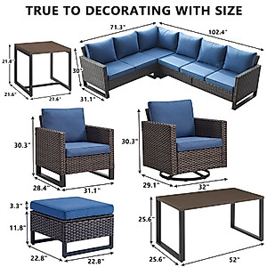 HUMMUH 10 Piece Patio Furniture Set PE Wicker 3 Outdoor Sectional Sofa Set with Patio Chairs Dinning Table Ottomans for Porch,Garden,Backyard,Deck(Brown/Blue)