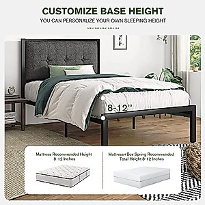 IMUsee Twin Size Bed Frame with Upholstered Button Tufted Headboard, Heavy Duty Platform Bed with 17 Strong Metal Slats Support, 11” Storage Space, Easy Assembly, Noise Free, No Box Spring Needed