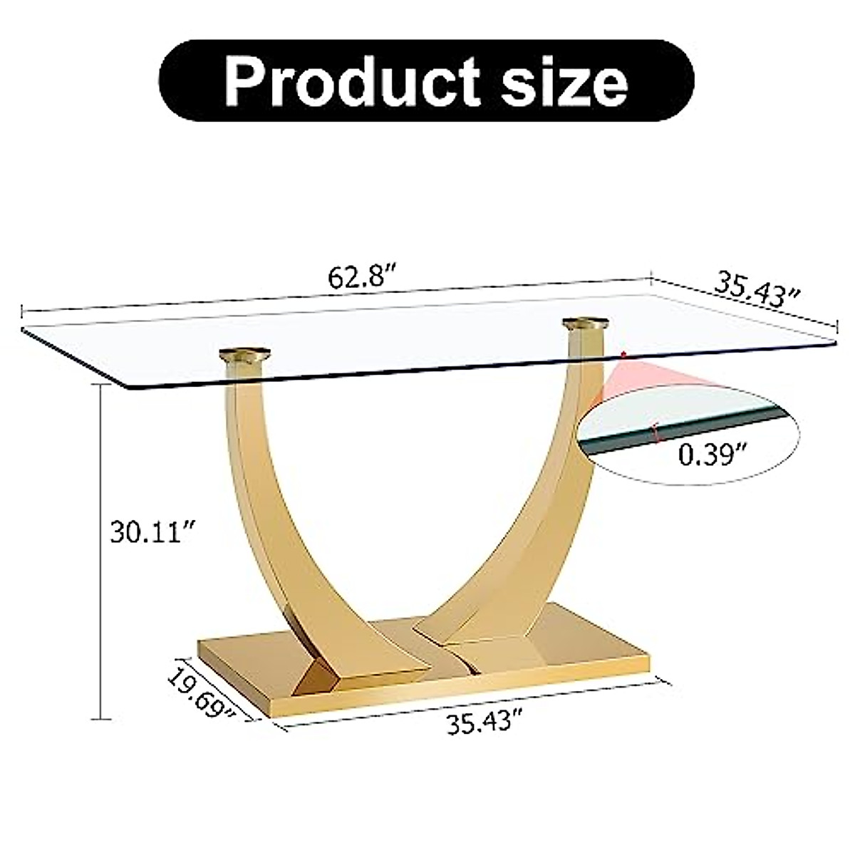 63in Glass Dining Table for 6 with Steel Base, Rectangle Dining Room Table Kitchen Table with Golden U-Shape Bracket, Luxury Dining Table for 4 or 6, Dinner Table for Living Room Banquet Hall