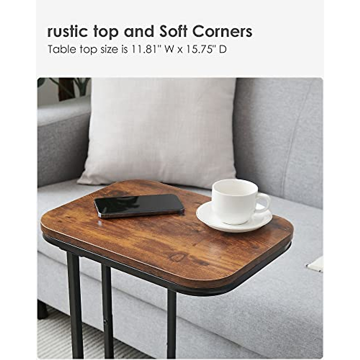 KJGKK C Shaped End Table, 26.6 inches High Side Table for Couch Sofa Bed, Tv Tray, for Living Room, Bedroom, Small Spaces, Metal Frame, Industrial, Rustic Brown & Black