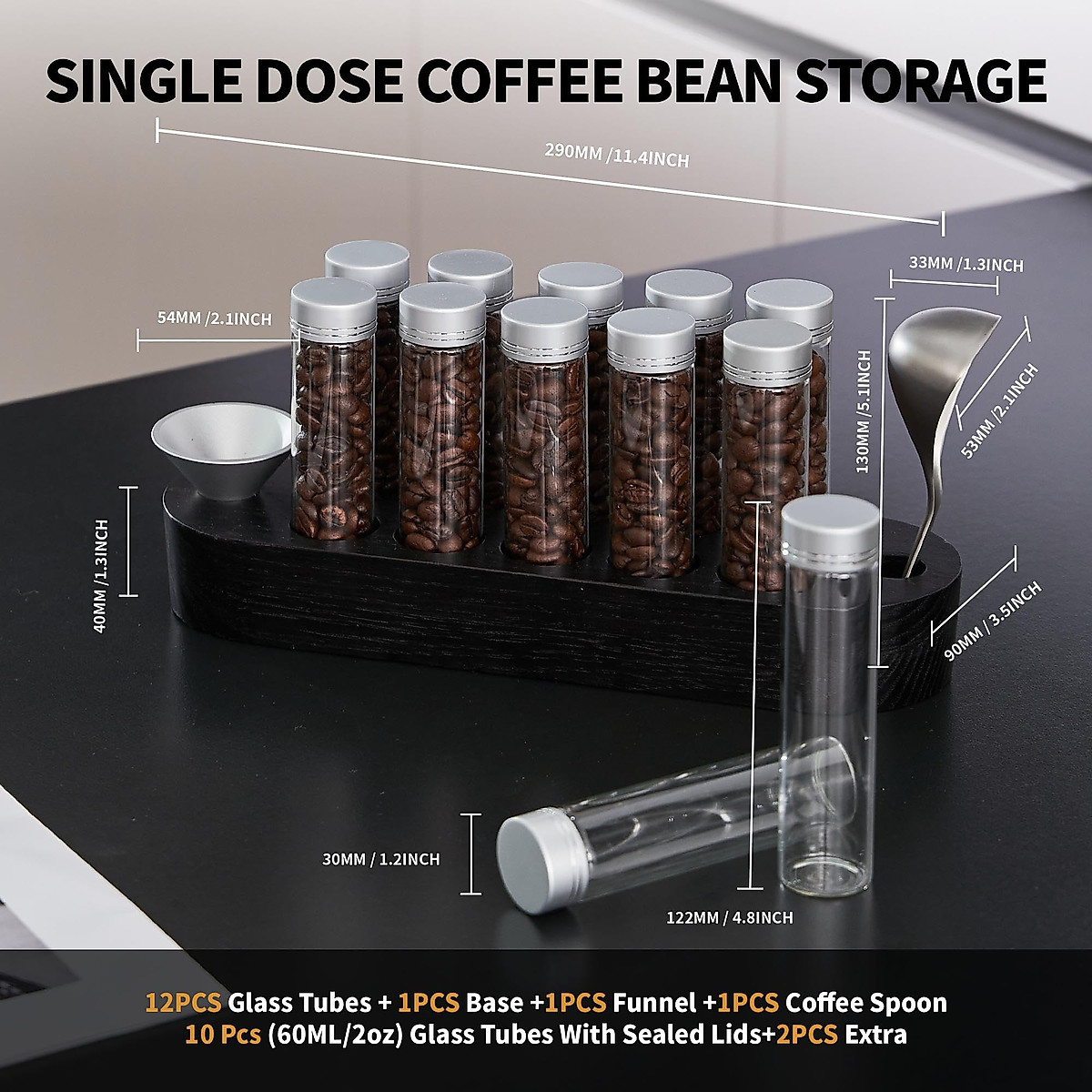 Coosigar Coffee Bean Container, Single Dose Coffee Bean Storage,10PCS Coffee bean cellar container with black wooden stand and funnel coffee spoon.(Black wood+Silver lids)