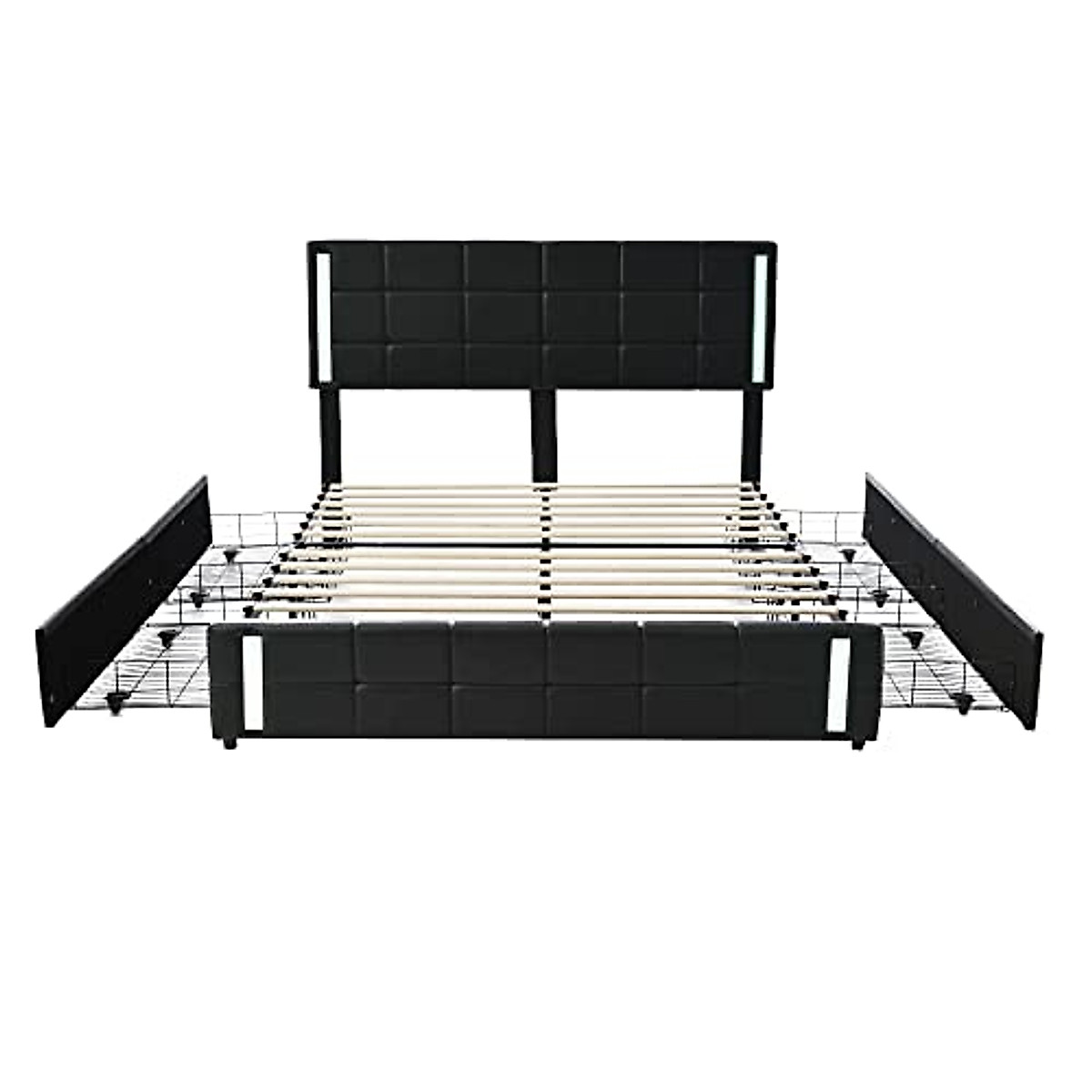 Livavege Queen Size Bed Frame with Square Headboard, LED Bed Frames with 4 Storage Drawers & USB Charging, Upholstered Platform Bed Queen with Wooden Slats Support, No Box Spring Needed