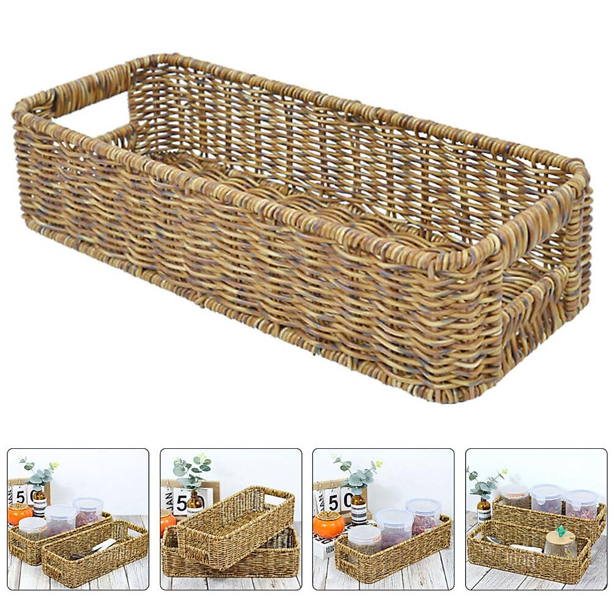 Rattan Storage Basket Kitchen Utensil Holder Woven Rectangular Cutlery Storage Basket Silverware Tray Natural Woven Flatware Organizer Tray Woven Cutlery Holder