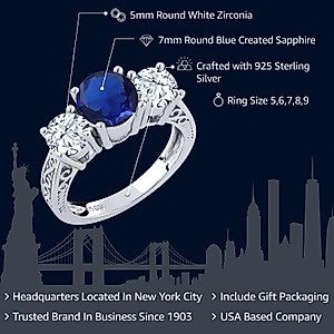 Gem Stone King 925 Sterling Silver Blue Created Sapphire 3 Stone Engagement Ring For Women (3.17 Cttw, Available In Size 5, 6, 7, 8, 9)