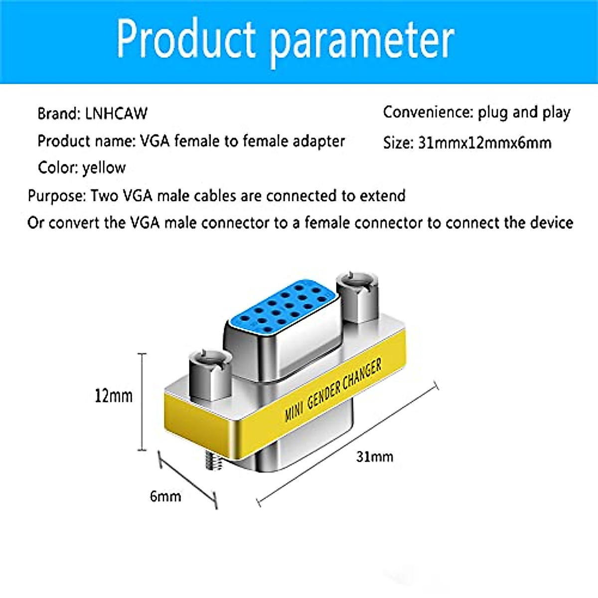 LNHCAW vga to vga 15 vga Connector、Null Modem Adapter Male to Male、Male to Female、vga Female to Female Adapter Extender Dual vga Adapter for 2 Monitors (2, Female to Female)