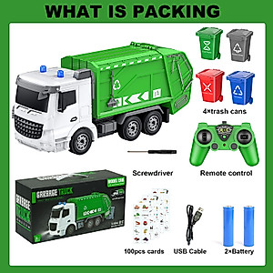 CALEST 2.4Ghz RC Garbage Truck with 4 Trash Cans, 6 Channel Remote Control, Waste Management Toy, 100pcs Garbage Sorting Cards, Boys 3+
