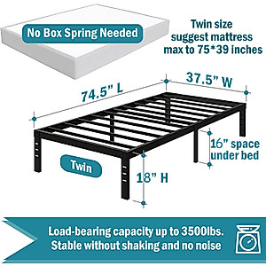 OmiNight Twin Bed Frame 18 Inch Tall Metal Frames 3500lbs Heavy Duty Steel Slat Support Platform No Box Spring Needed Easy Assembly-Black…