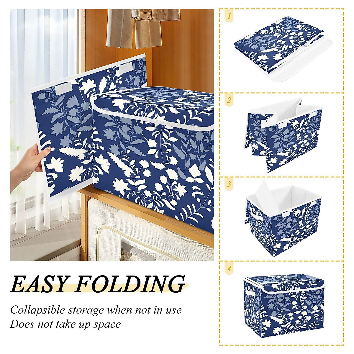 Flradish Blue and White Flowers Collapsible Storage Box with Lid Closet Organizer with Handle Washable Stackable