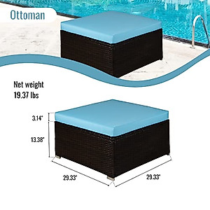 HomSof 6-Piece PE Rattan Wicker Sectional Cushioned Sofa Sets with 1 Red Pillow, Blue + Brown