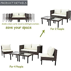 LOKATSE HOME 6 Pieces Patio Furniture Outdoor All Weather Wicker Conversation Sets with Brown Rattan Sofa Chair, Cushions and Coffee Glass Table, Beige