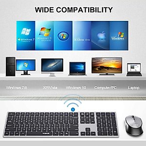 Wireless Keyboard and Mouse Combo, WisFox 2.4G Full-Size Slim Thin Wireless Keyboard Mouse for Windows, Computer, Desktop, PC, Laptop Mac (Silver and Gray)