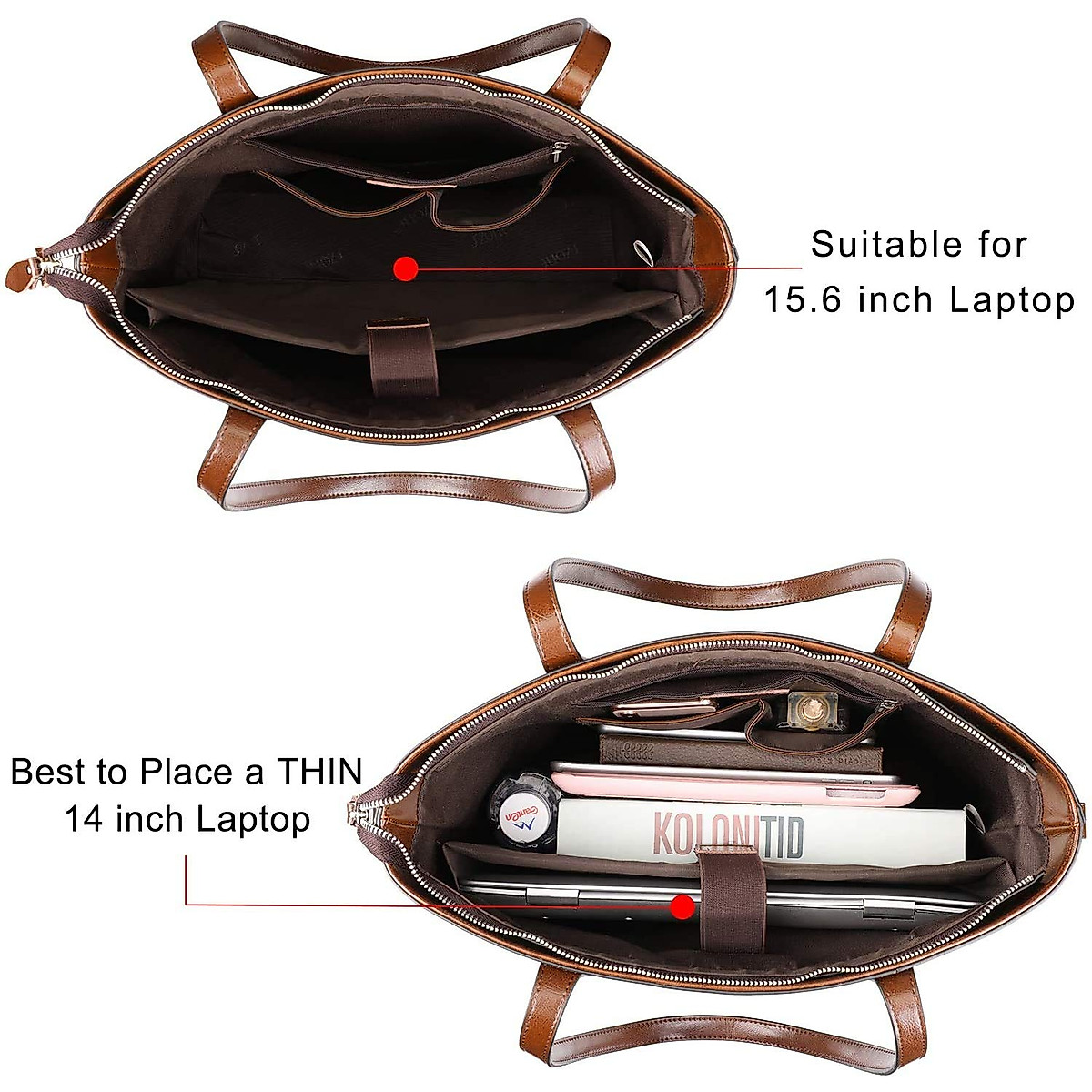 S-ZONE Leather Tote Bag for Women Office Shoulder Handbag 15.6 Inch Work Laptop Briefcase (Dark Brown)