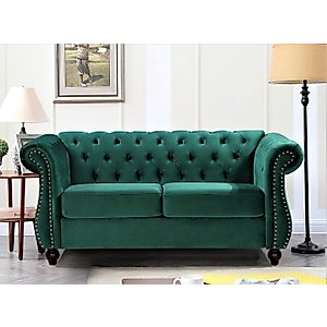 US Pride Furniture Modern Feinstein Style Soft Elegant 67.6’’ Wide Emerald Green Velvet Chesterfield Tight Back Rolled Arm Living Room Loveseat with Removable Cushion & Solid Wood Legs (S5677-5682)
