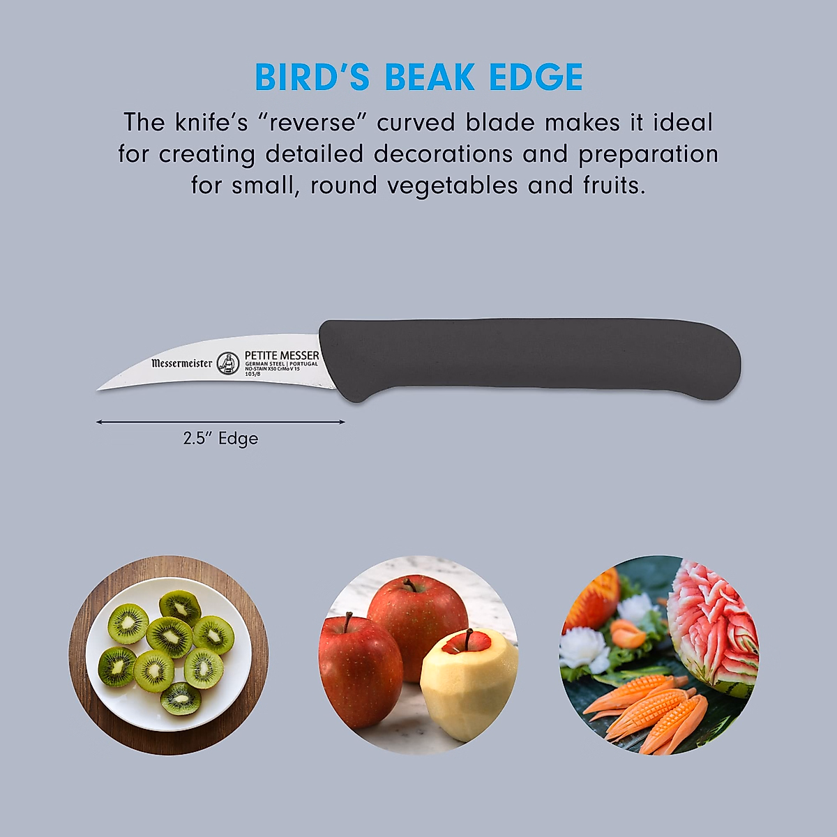 Messermeister Petite Messer 2.5” Bird’s Beak Parer with Matching Sheath, Black - German 1.4116 Stainless Steel & Ergonomic Handle - Lightweight, Rust Resistant & Easy to Maintain
