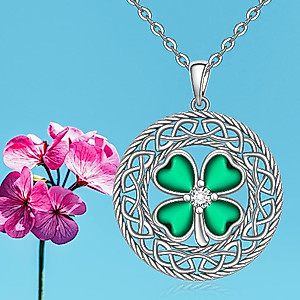 Shamrock Necklace St Patricks Day Necklace Four Leaf Clover Necklace for Women Sterling Silver Celtic Knot Irish Green 4 Leaf Clover Necklaces Jewelry Pendant Lucky Saint Patricks Gifts