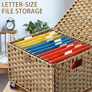 ETRONIK Rolling File Cabinet, Updated 2 Layer File Cabinets for Home Office, Hand Woven File Box with Wheels, File Organizer for Hanging Letter Size Folder, Home Decorative Document Basket, Flaxen