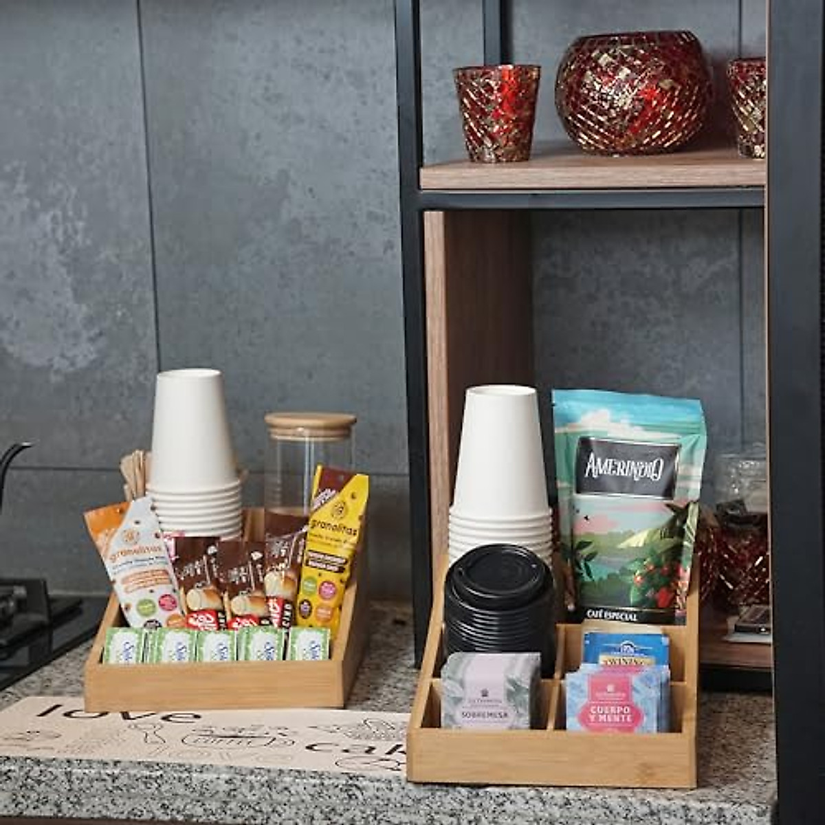 IMAJINAAR Large Capacity Coffee Pod Organizer for K Cups, Tea Bags & Snacks | Bamboo Coffee Station & Condiment Organizer with Spill-Resistant Mat (17.7''x11.8'')