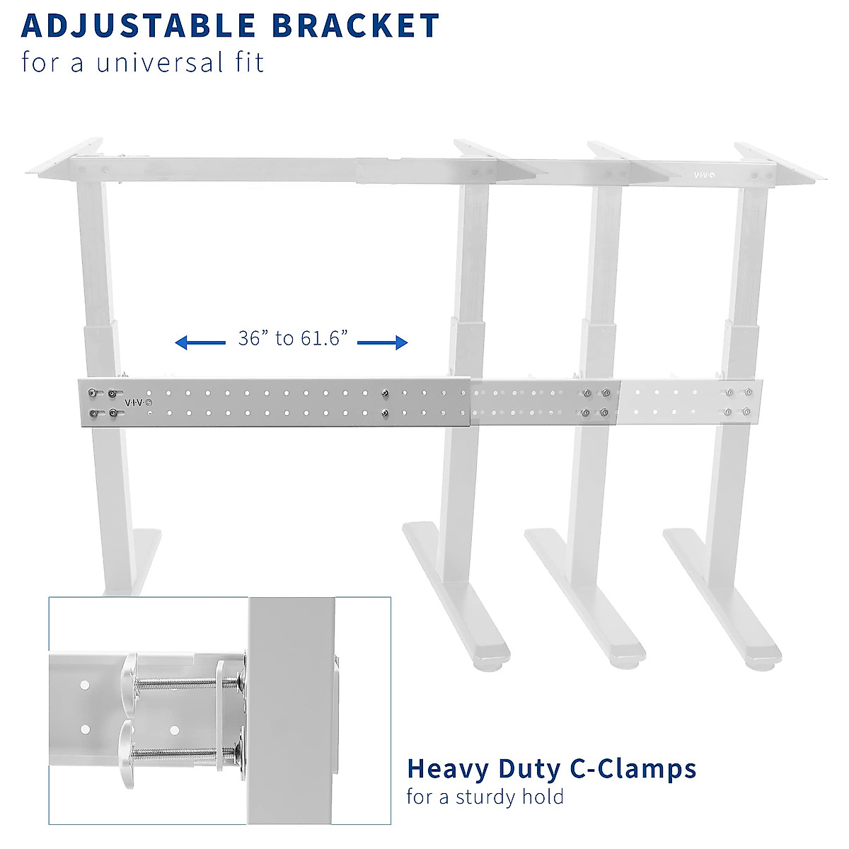 VIVO Universal Steel Clamp-on Desk Stabilizer Bar, 36 to 61.6 inch Bracket Support System for Sit to Stand Desk Frames, White, DESK-STB01W